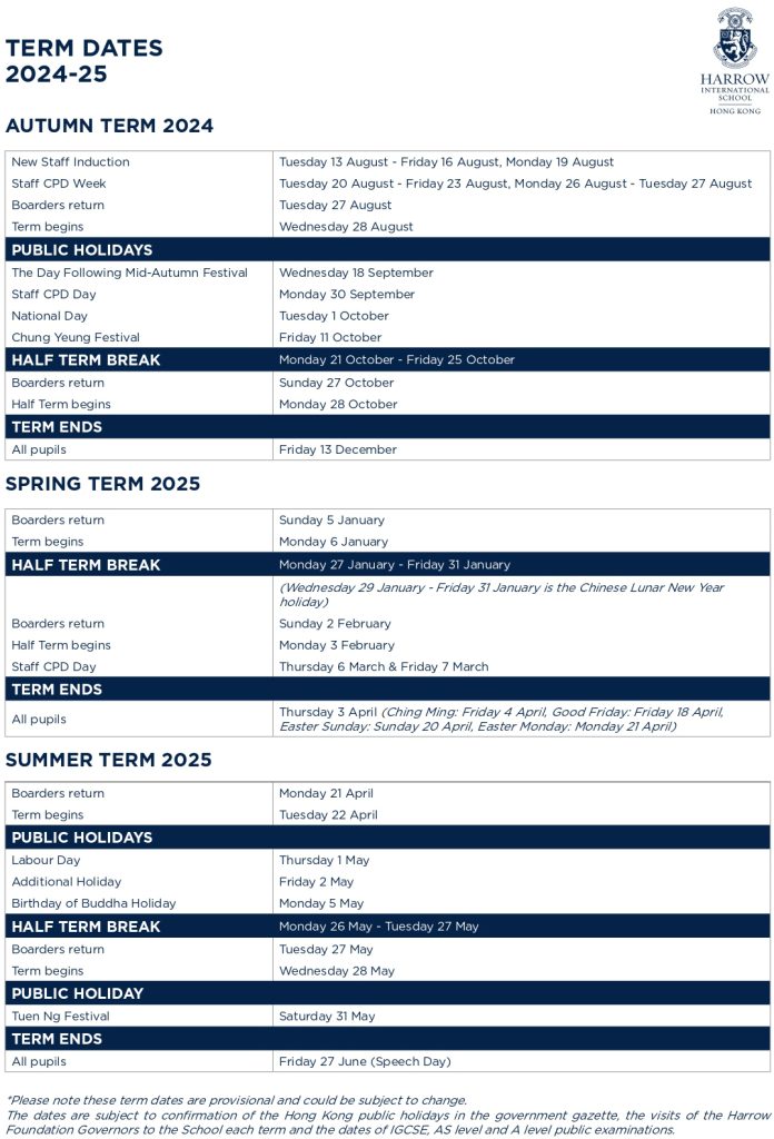 Term Dates - Harrow International School Hong Kong